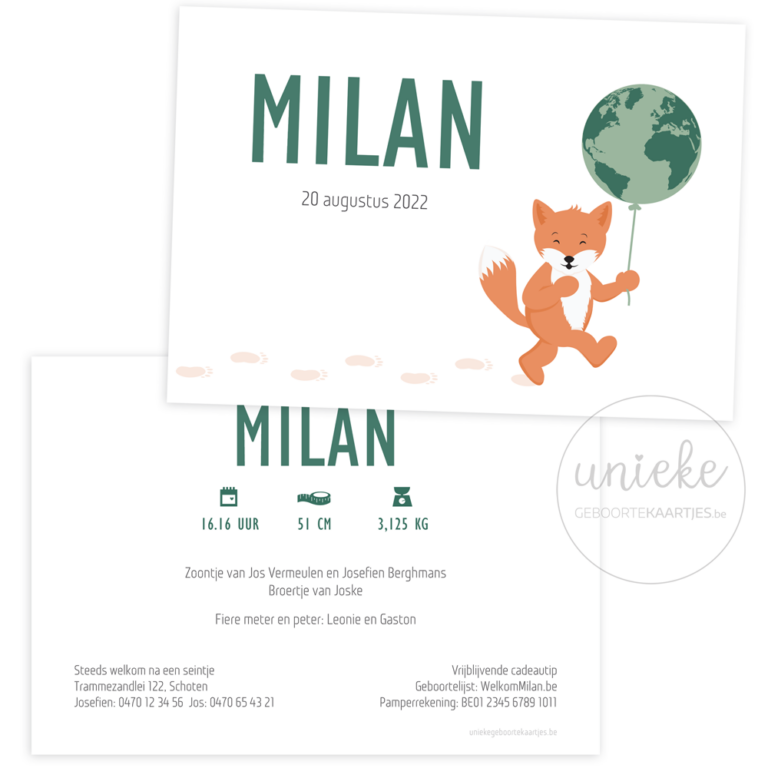 Geboortekaartje Milan vos | uniekegeboortekaartjes.be
